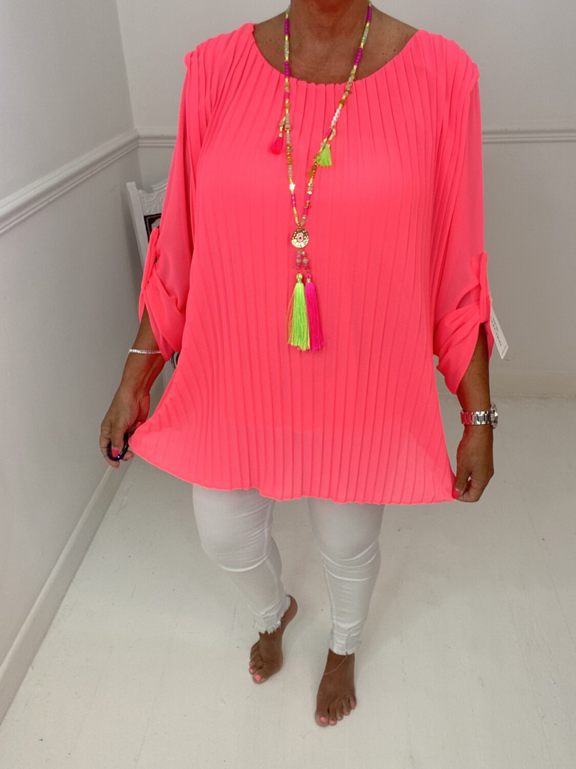 BRIGHT PINK PLEATED TOP WITH FREE NECKLACE | Sparkles Boutique